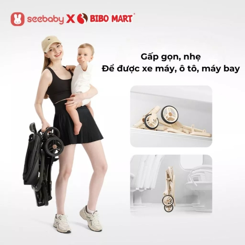 Xe đẩy gấp gọn Seebaby H1 tai gấu màu đen